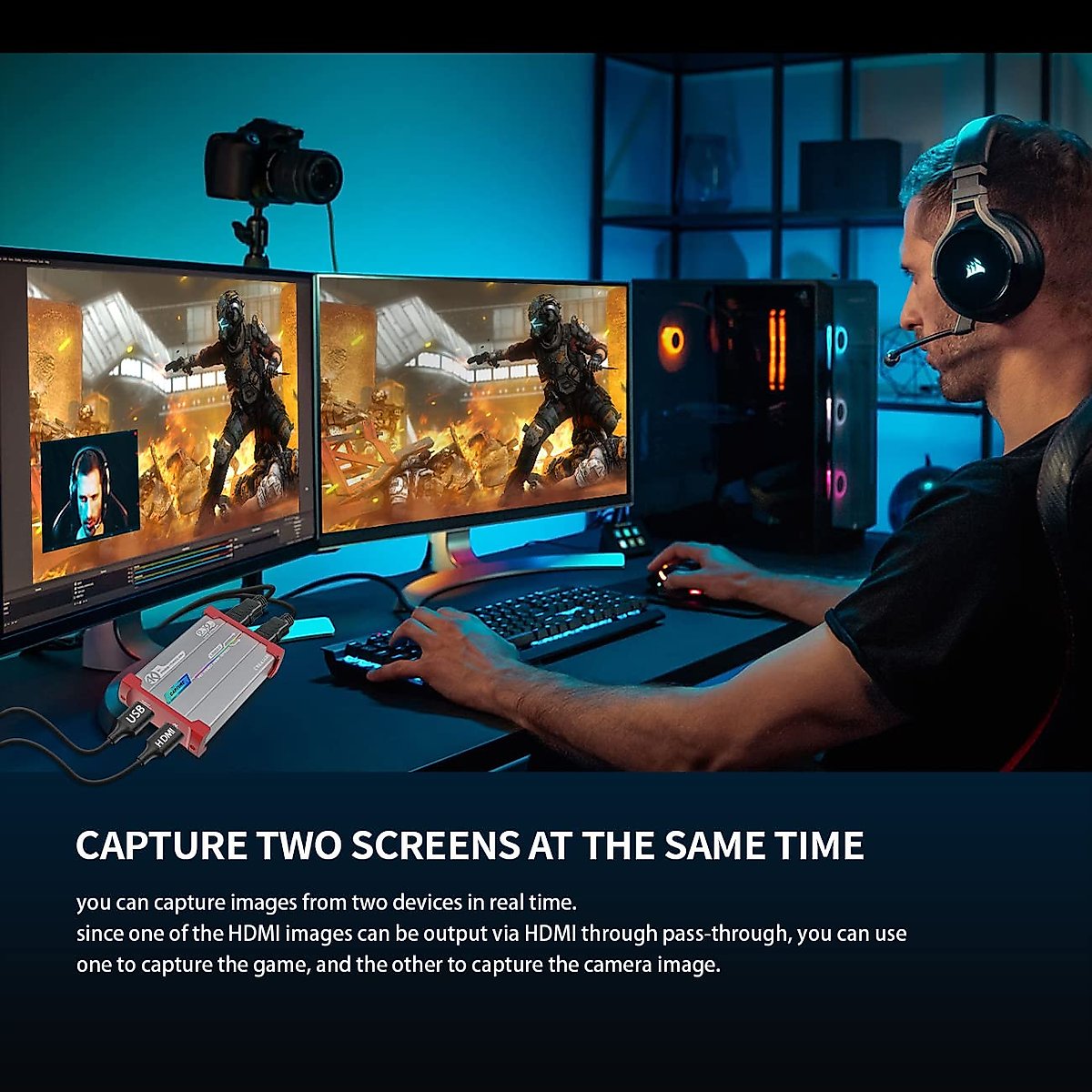 Mirabox Dual HDMI Capture Card for Streaming 2 in 2 Out,Support Dual 4K@30Hz Input,4K@30Hz Passthrough,USB3.0 1080P Capture for OBS Camera DSLR Live Streaming