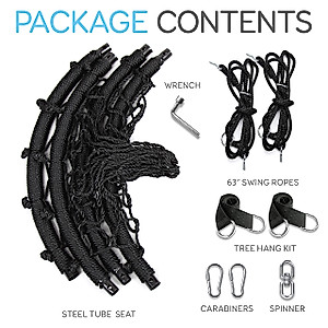 SereneLife Spider Web Tree Swing with Hang Kit and Center Spinner 40” 600 lbs Kids Outdoor Backyard Tree Playhouse Playground Saucer Swing Set Accessories Platform Glider Mat Swinging Swingset,Black