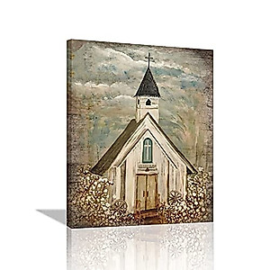 Farmhouse Decor Wall Art Country Church Pictures Christian Religious Faith Framed Artwork Rustic Canvas Prints Painting Vintage Cotton Encircled Church Poster for Church Living Room Bedroom 12"x16"