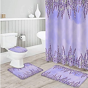 4 Pcs Shower Curtain Set with 12 Hooks Flower Spring Painting Style Lavender Purple Bathroom Sets with Non-Slip Bath Mat Toilet Lid Cover Waterproof Durable Shower Curtain and Rugs