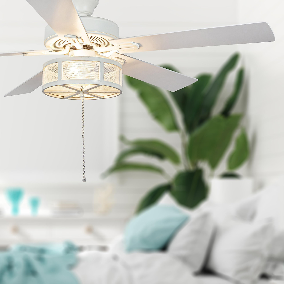 RIVER OF GOODS Alabaster LED Mesh Caged Ceiling Fan - 52" L X 52" W - White/Oak Wood-Grain Blades