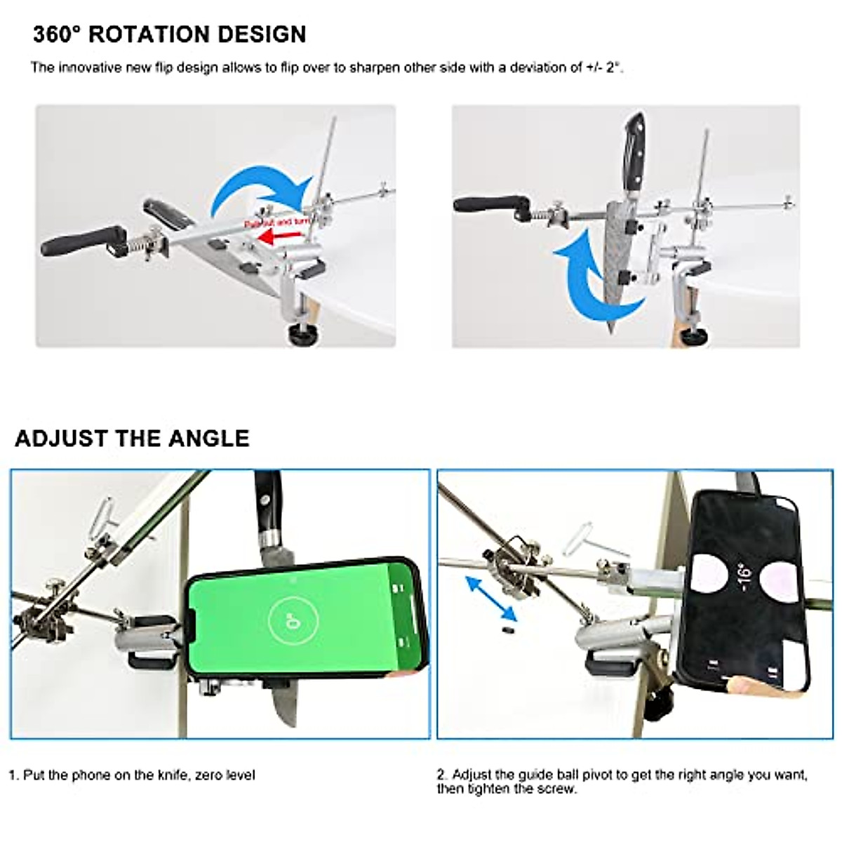 RUIXIN PRO RX-009 Professional Knife Sharpener with 12 Whetstones, 360° Rotation Flip Design Fixed-Angle Stainless Steel Kitchen Chef Knife Sharpening Kit Holding System Tools