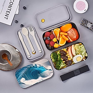 Cartoon Blue Sea Wave Adult Lunch Box, Bento Box, With Cutlery Set Of 3, 2 Compartments, Rectangular, Lunch Box For Adults