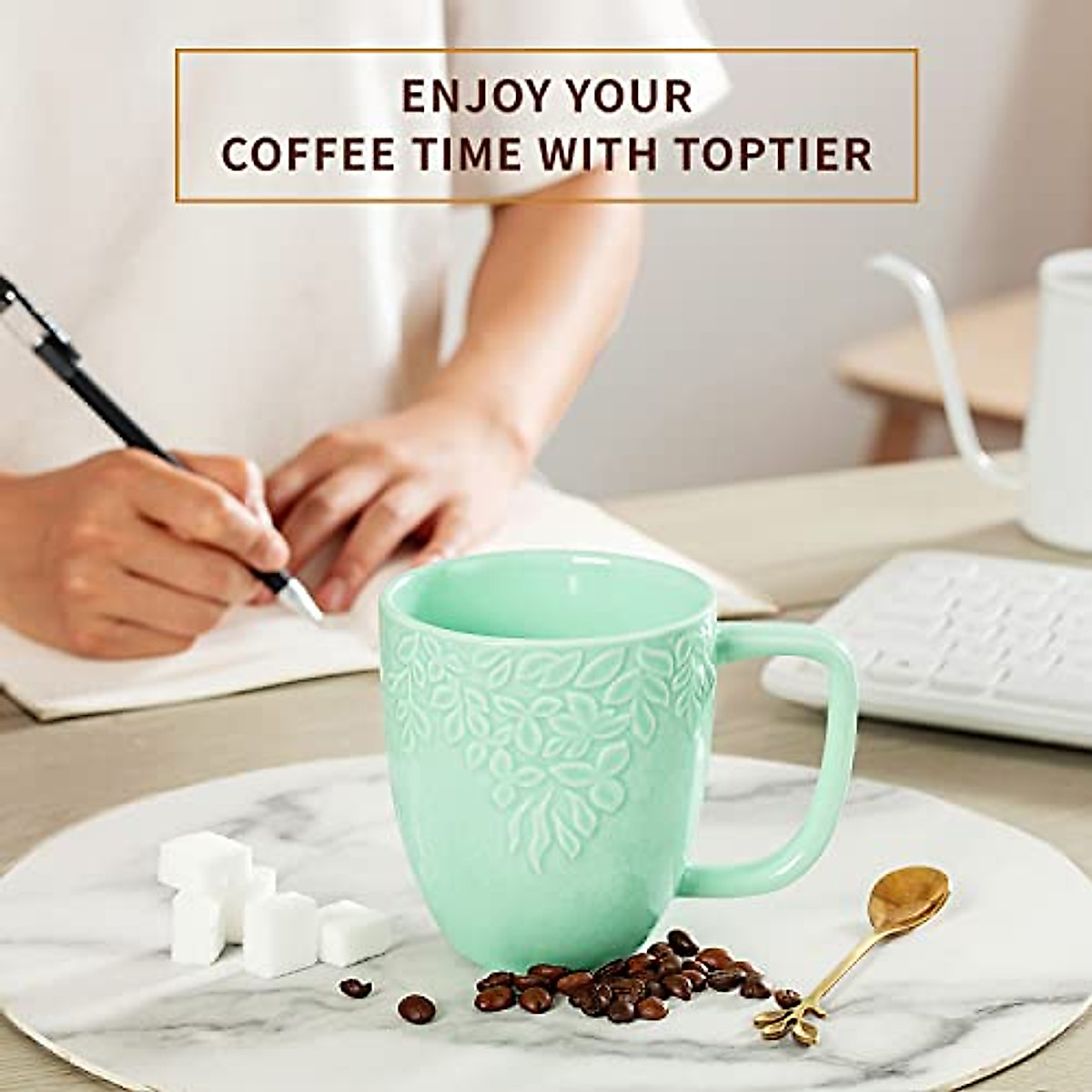 toptier Coffee Mugs Set of 4, 16 Ounce Ceramic Mug Coffee Mugs with Large Handle for Men, Women, Leaf Design Coffee Cups Gift for Coffee, Tea, Milk, Cocoa, Cereal, Green