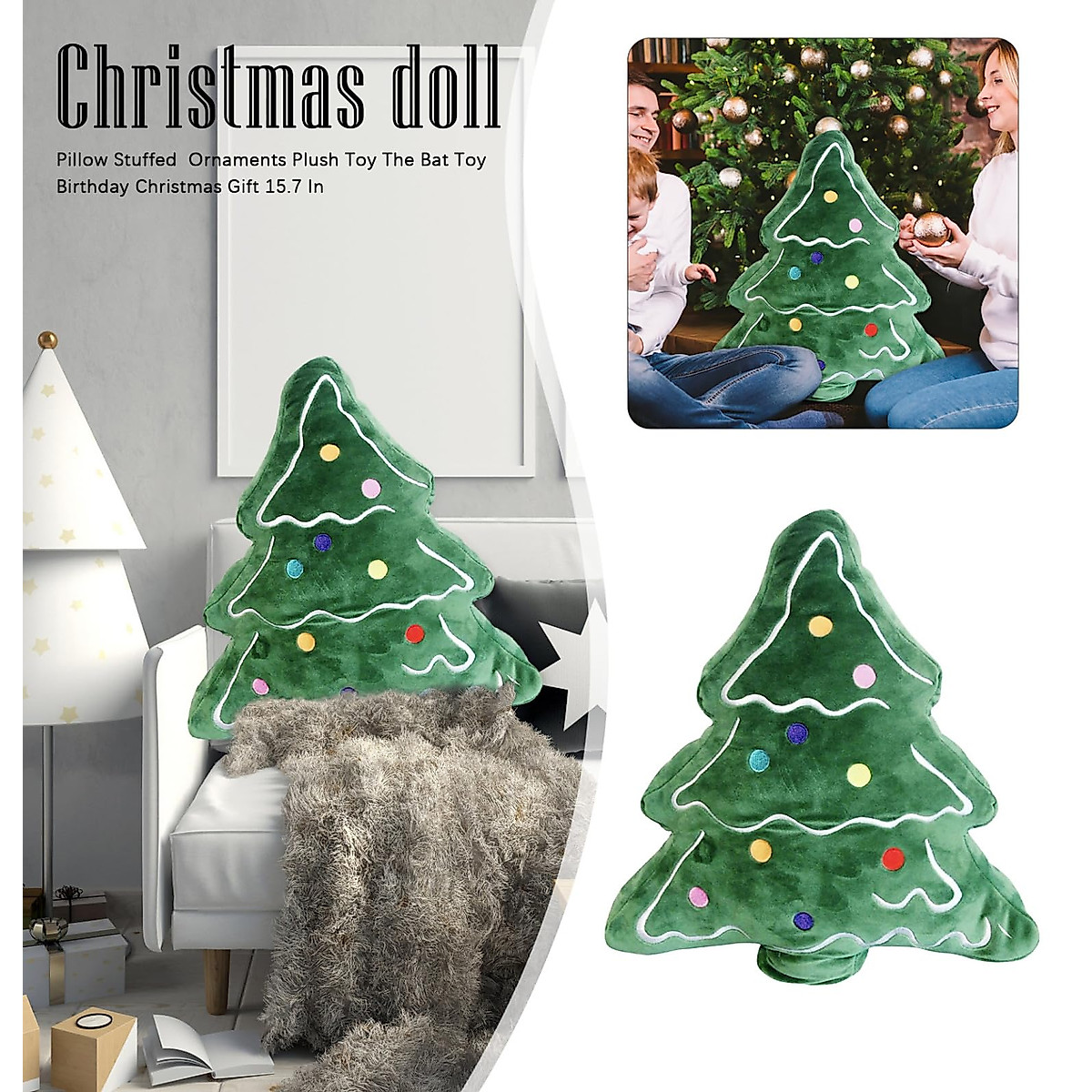 Rvikurc Christmas Tree Santa Shaped Pillows, Christmas Decorative Throw Pillow, Christmas Plush Pillow, Cartoon Pillow for Home Living Room Bed Sofa Cushion Xmas Decor (Xmas Tree-A)