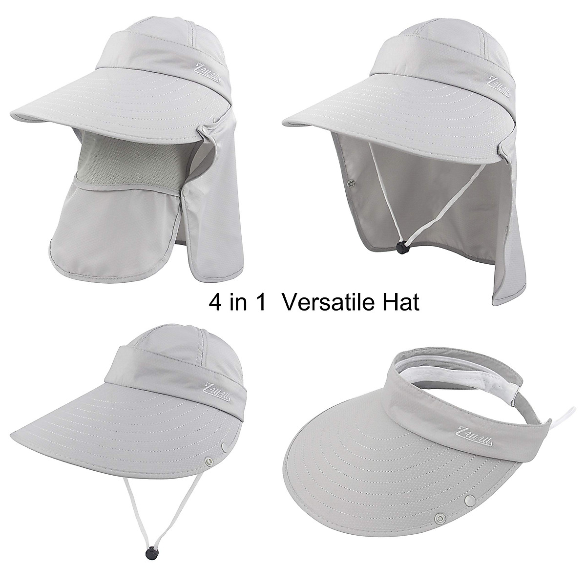 Women Summer Sun Protection Hat Wide Brim UV Hats Removable Neck Face Flap Cap with Ponytail Hole for Fishing Climbing Gardening Gray