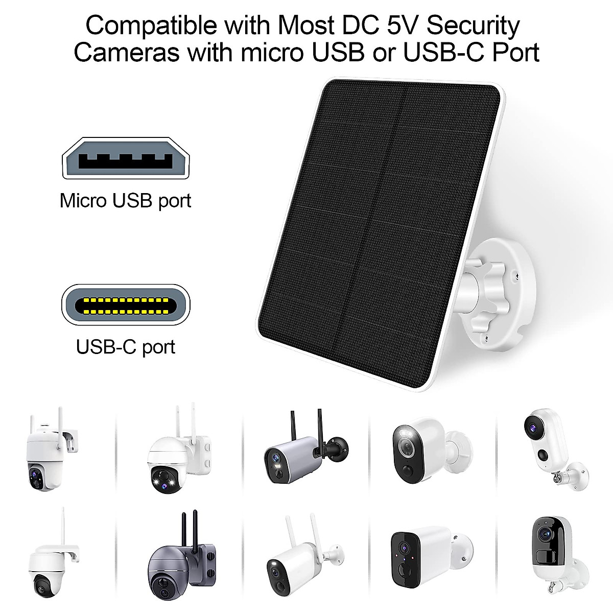 Solar Panel for Security Camera,7W Camera Solar Panel with Micro USB & USB-C Port,IP65 Waterproof Security Camera Solar Panel for DC 5V Rechargeable Battery Camera, 9.8Ft Charging Cable(2 Pack)