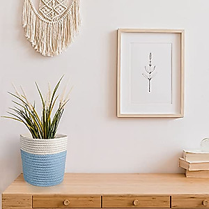 VASS Group 2-Pack 100% Cotton Rope Baskets with Leather Handles – 8”x 7” Sturdy Hanging Woven Wall Storage Bins for Home Decor Organizing – Blue