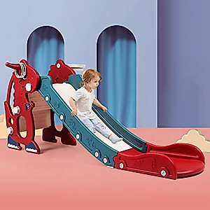 Sephyroth Kid Slide for Toddler Age 1-3 Indoor Plastic Slide Outdoor Playground Climber Slide Playset with Basketball Hoop & Ring Game (Dinosaur Red)