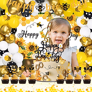 158 PCs Bee Party Decorations, Hombae Happy Bee Day Themed Birthday Party Decorations Backdrop Balloon Garland Banner Tablecloth Cake Cupcake Toppers Cutout Honey Bumble Bee Yellow Black