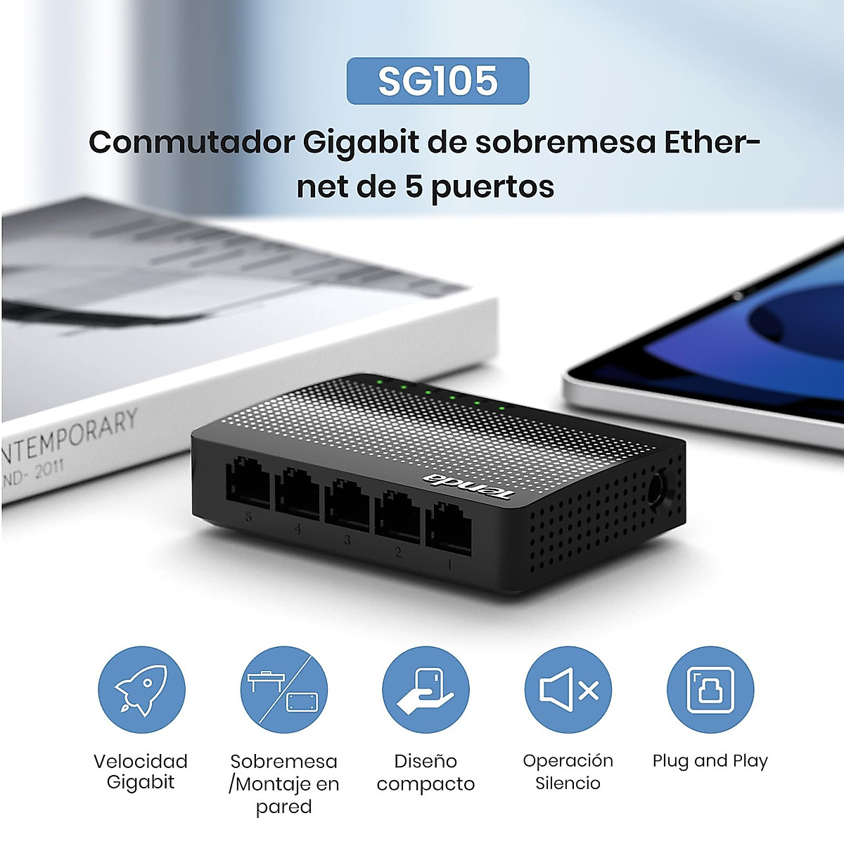 Tenda SG105, 5 Port Gigabit Switch, Unmanaged Home Ethernet Switch, Office Ethernet Splitter, Plug & Play, Plastic Case, Desktop/ Wall-Mount, Fanless Quiet, Limited Lifetime Protection