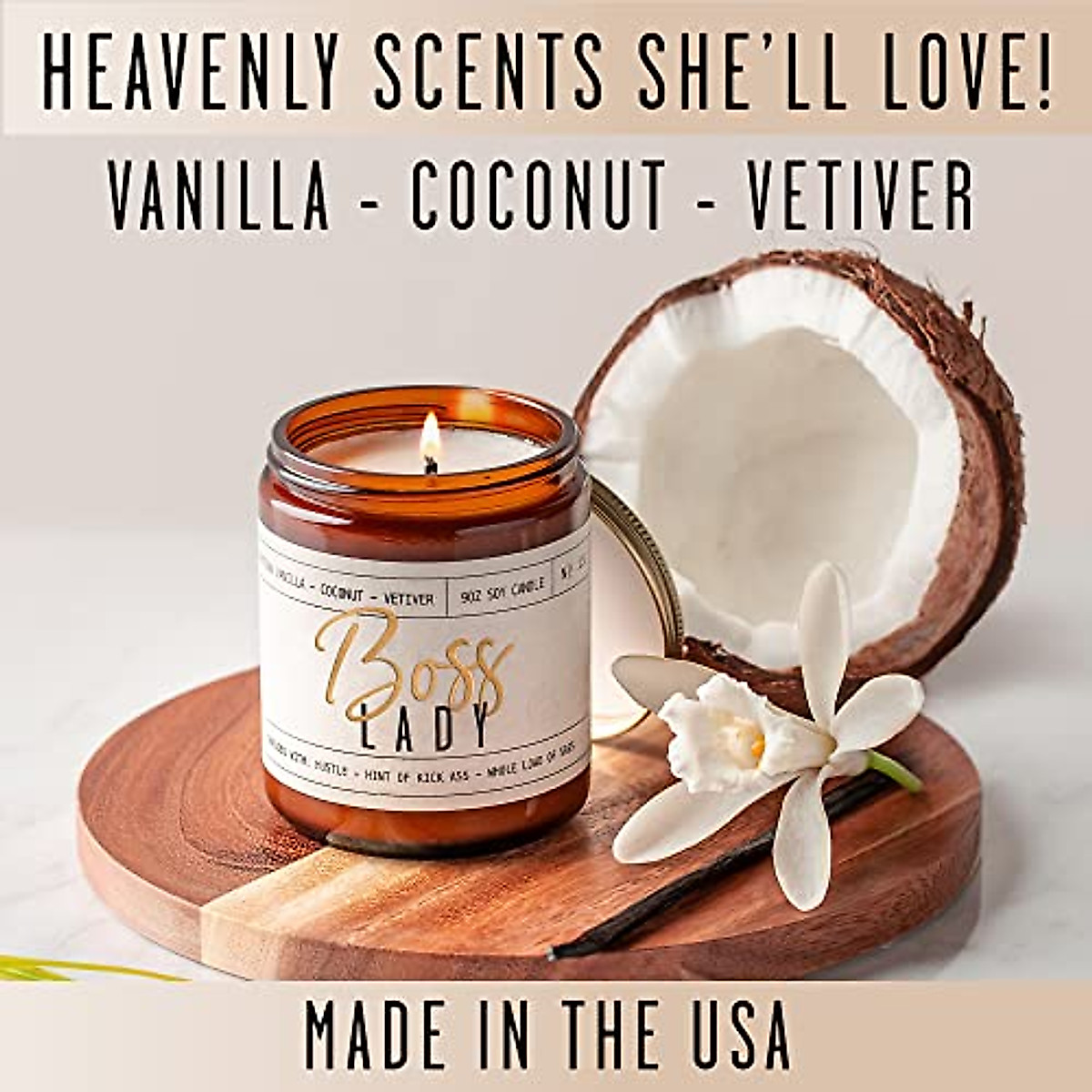 Boss Lady Gifts for Women - 'Boss Lady' Soy Candle, w/ Vanilla, White Coconut & Vetiver I Best Boss Gifts for Women I Girl Boss Female Gifts I 9oz Reusable Glass Jar, 50Hr Burn Time, 9oz, Made in USA