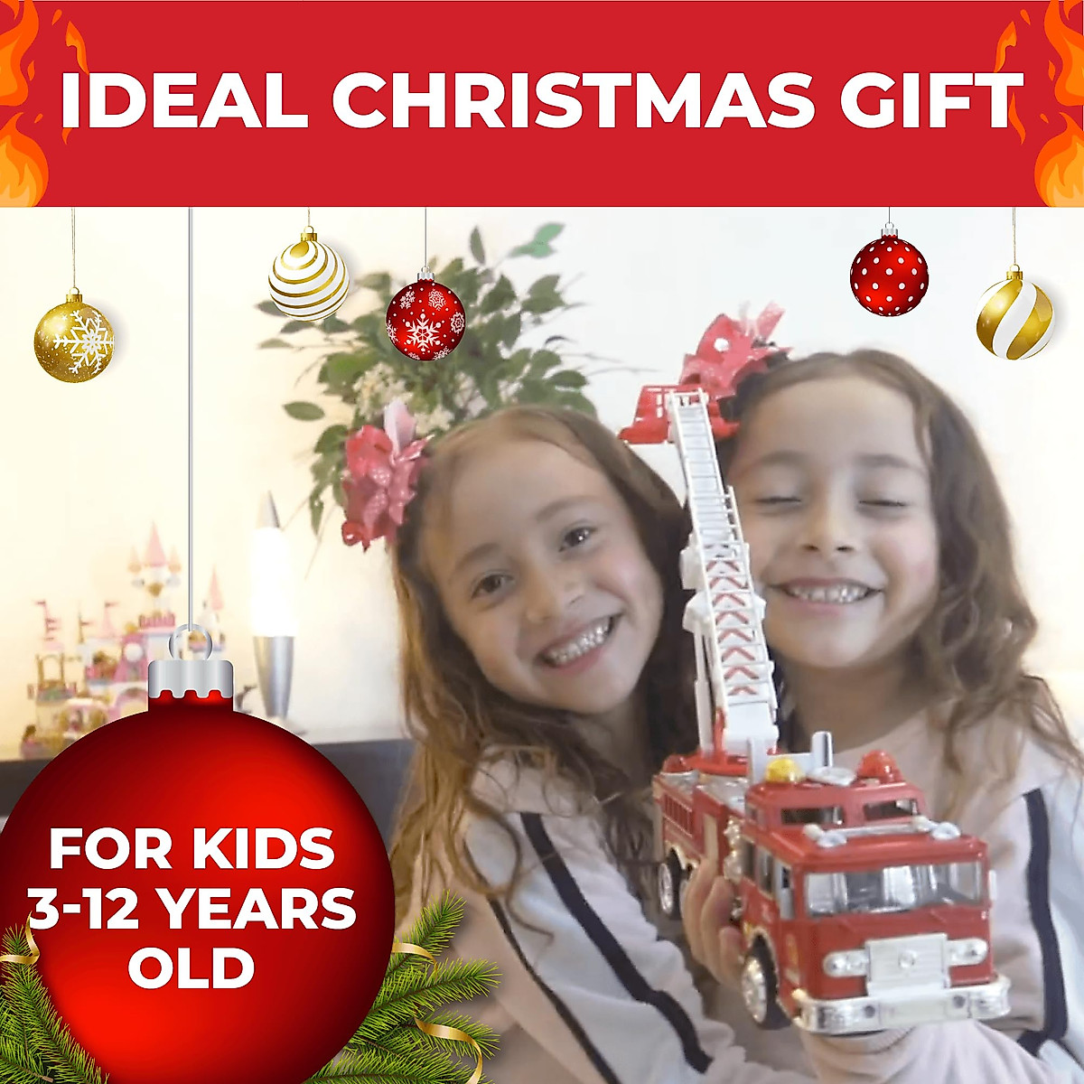 Toysery Fire Truck Toy with Flashing Lights & Siren Sounds for Kids, Extendable Rotating Ladder, Bump and Go Action, Role Play Toy for Boys & Girls, Kid Car Toy Trucks, Ages 3-7+