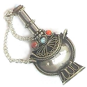 New Age Jewelry Large Tibetan Filigree 8 Turquoise Coral Gemstone Spoon Snuff Bottle Amulet Pendant -2.5" Tall