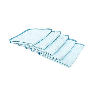 The Rag Company - Dry Me A River - Professional Korean 70/30 Blend Microfiber Waffle-Weave Drying & Detailing Towels, Soft Suede Edges, 390gsm, 16in x 16in, Light Blue (5-Pack)