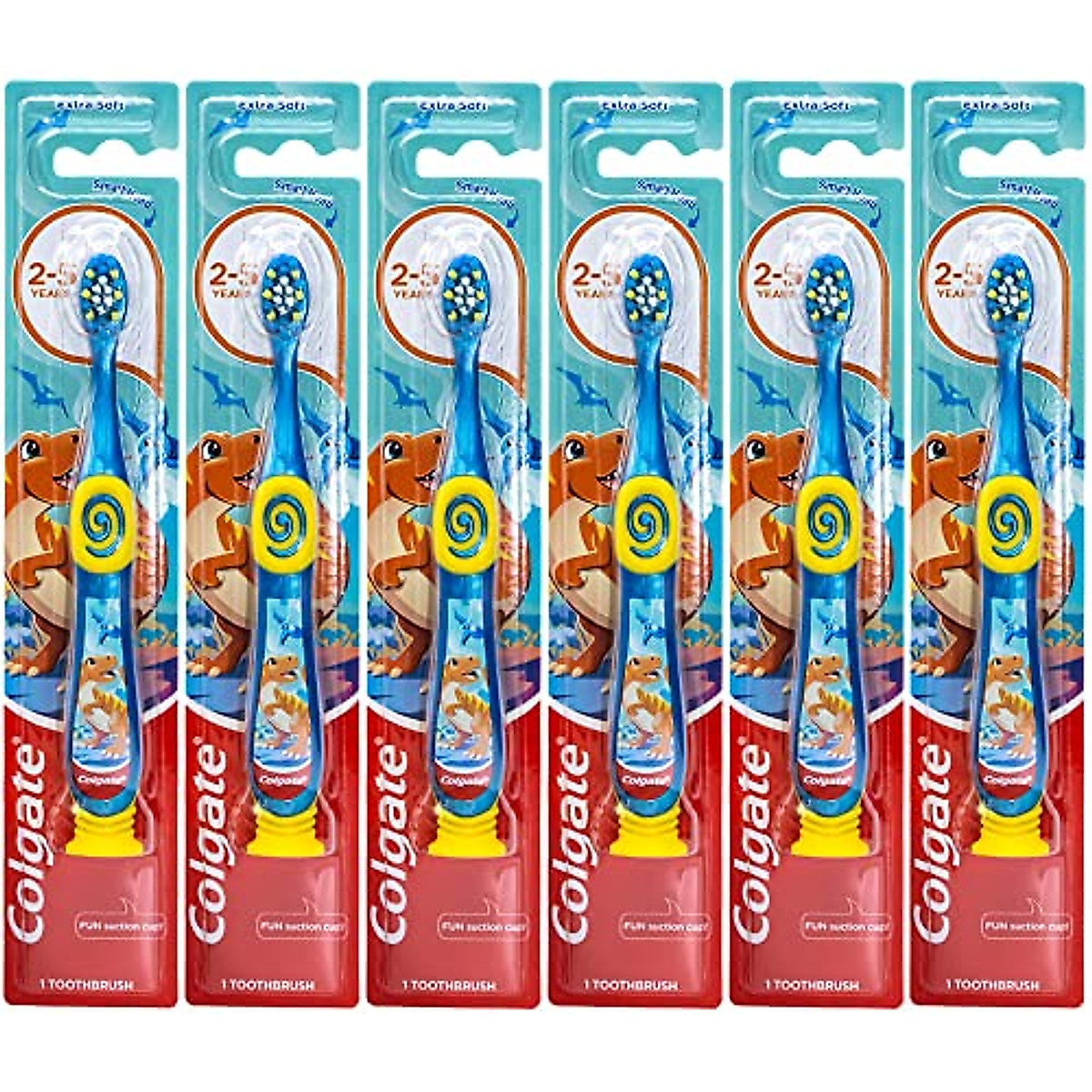 Colgate Dinosaur Toothbrush for Children with Suction Cup, Kids 2-5 Years Old, Extra Soft - Pack of 6