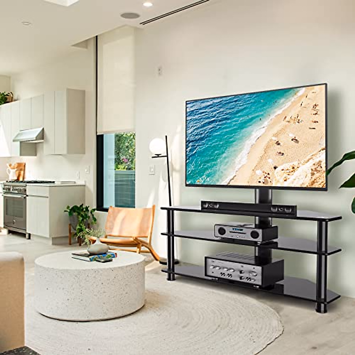 Rfiver Swivel Glass TV Stand with Mount for 32-70 Inch Flat or Curved Screen TV up to 110 lbs, Height Adjustable Corner Floor Entertainment Center with TV Mount and 3-Tier Storage for AV Media