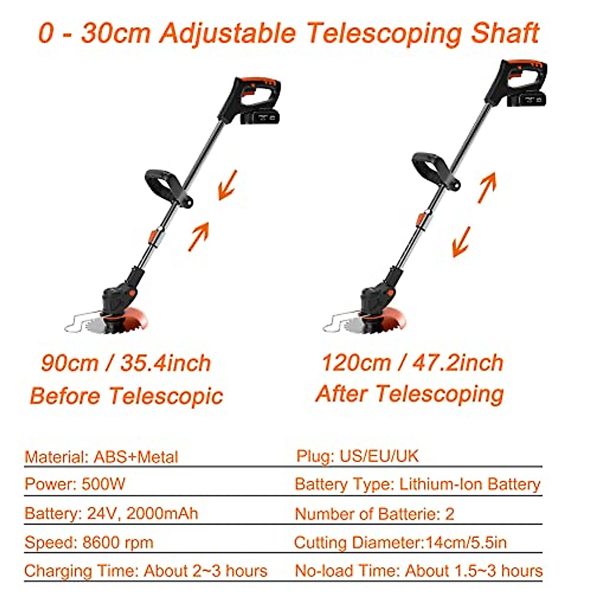 24V Electric Weed Eater Cordless Weed Wacker 3-in-1 String Trimmer with Wheels, Lawn Edger Brush Cutter with 3 Types Blades, Garden Tools for Garden and Yard