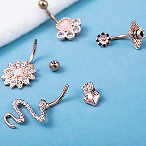 NICEIGHT 9PCS Stainless Steel Belly Button Rings Dangle Belly Rings for Women Heart Moon Snake Flower Navel Rings Body Jewelry Piercing Rose Gold
