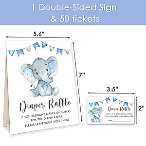 Yuzioey Boy Elephant Diaper Raffle Tickets and Sign, Elephant Baby Shower Game Cards, 50 Tickets and Matching Standing Sign, Diaper Raffle Tickets for Blue Elephant Baby Shower Invitations