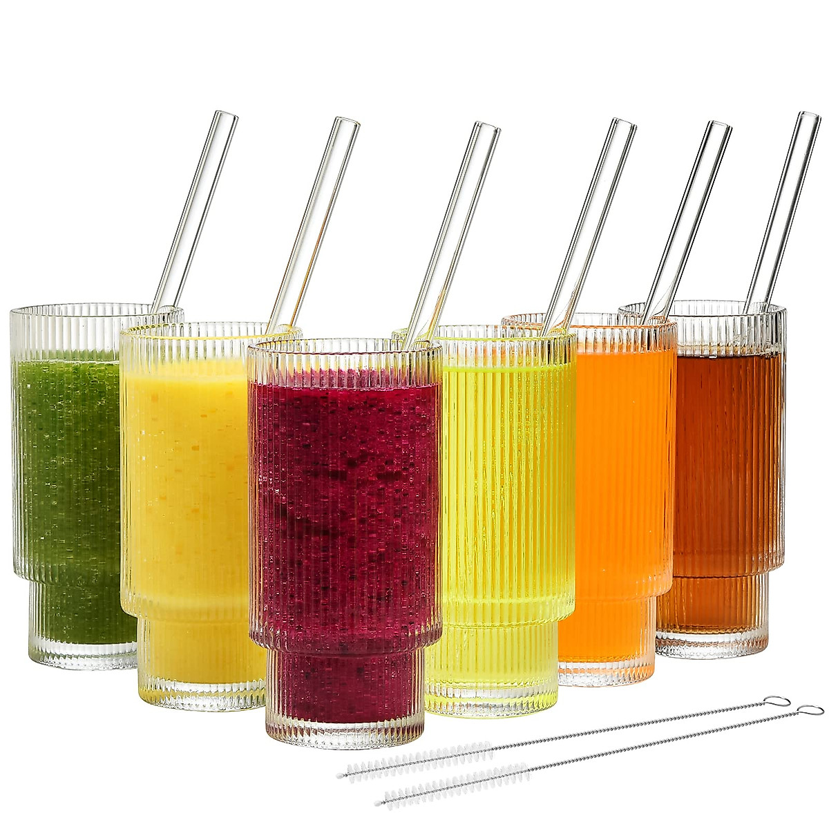 ALINK Ribbed Drinking Glasses with Glass Straws 6pcs Set, Vintage Iced Coffee Cups Glassware, Origami Style Ridged Glass Tumbler for Coocktail, Whiskey, Beer, Water - 2 Cleaning Brush