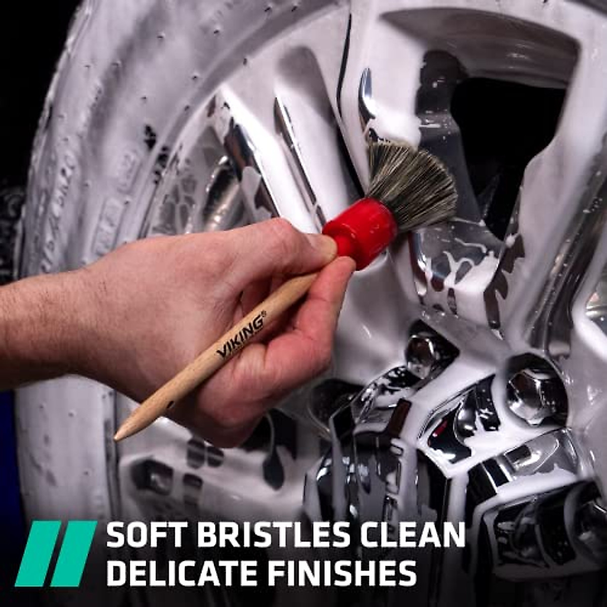 VIKING 3pk Multi-Purpose Car Detailing Brushes, 3 Head Sizes with Natural Boars Hair and Synthetic Fibers for Exterior and Interior Detailing, Red