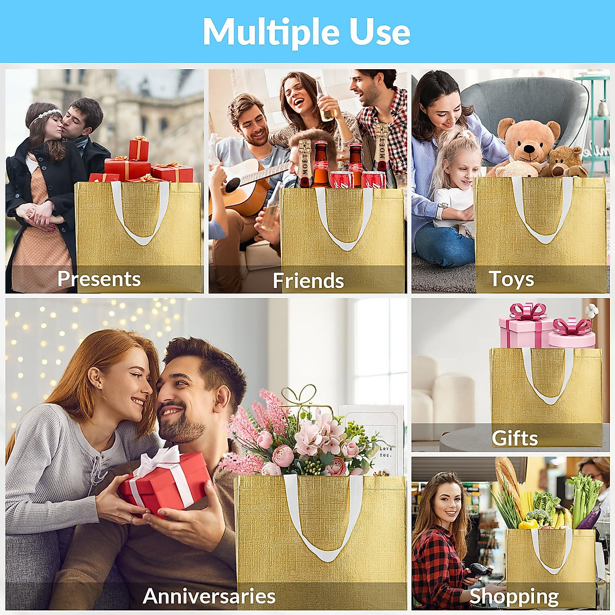 18pcs Gold Gift Bags with Tissue Paper, Shiny Gift Bags Large Size with Handles, Glossy Reusable Gift Bags for presents, Glitter Party Bag for Wedding Birthday Shower Christmas 12.7 x 4.7x11 inches