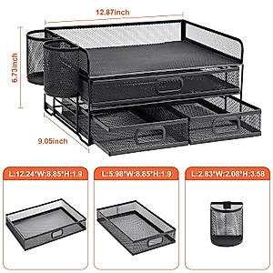 Marbrasse 3 Tier Mesh Desk Organizer with Drawer, Multi-Functional Desk Organizers and Accessories, Paper Letter Organizer with 2 Pen Holder for Home Office Supplies - Black
