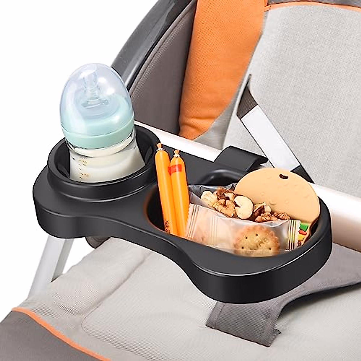 2 in 1 Universal Stroller Snack Tray with Cup Holder, Snack Catcher and Drink Holder for Stroller Snack Tray Attachment - Upgraded Removable Clip for Bumper Bar of Stroller Tray for Baby (Black)