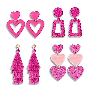 LINONKEY 4 Pcs Barbie Pink Heart Earrings Set Hot Pink Earrings for Women Lover Earrings Pink Heart Dangle Earrings Tassel Earrings for Women Lightweight Barbie Earrings for Women (4 pcs)