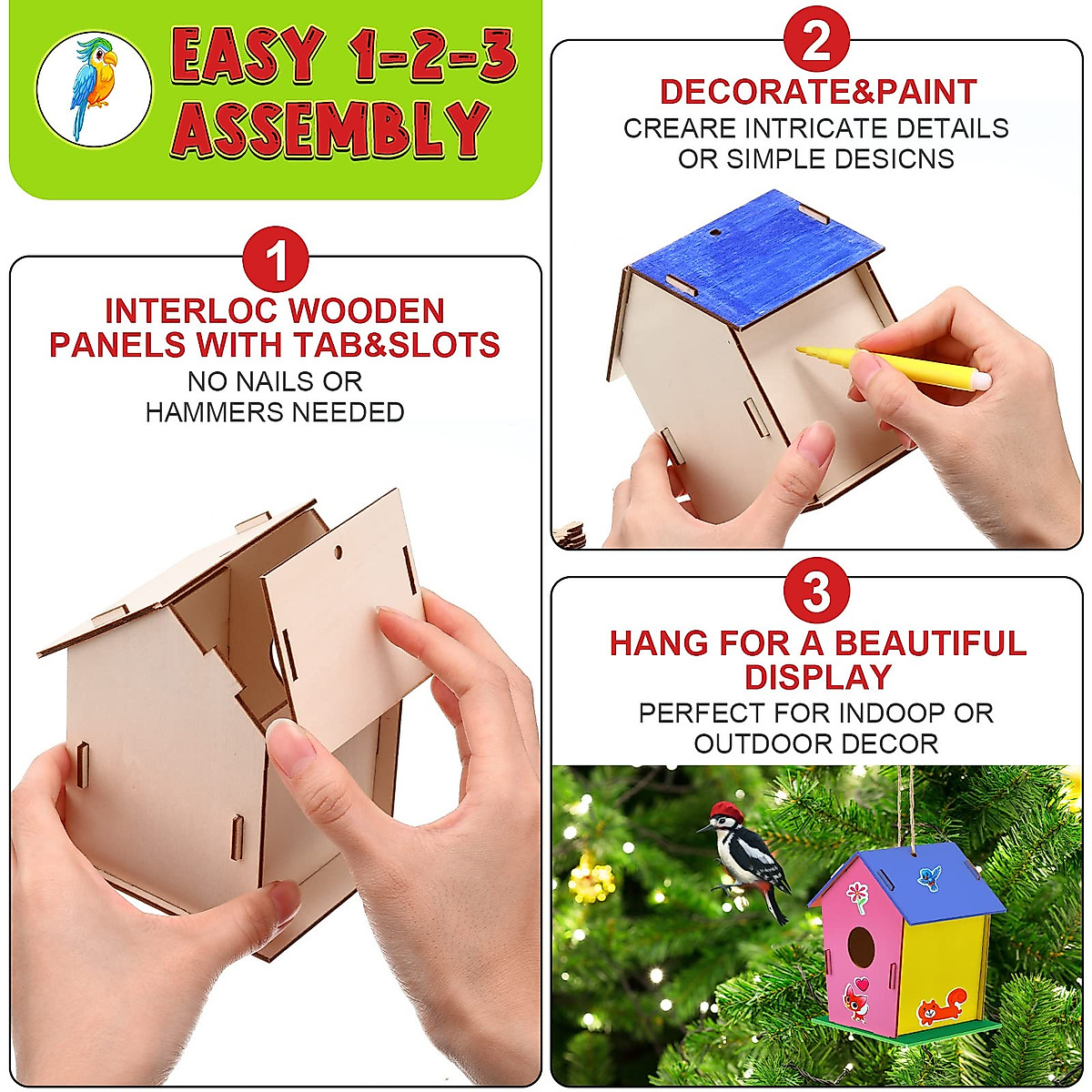 107 Pcs Wooden Birdhouse DIY Kits, Includes 21 Unfinished Wood Mini Bird House 24 Watercolor Pen 50 Bird Butterfly Flower Slices 12 Cute Animal Stickers for Kids Adults DIY Craft Making Supplies