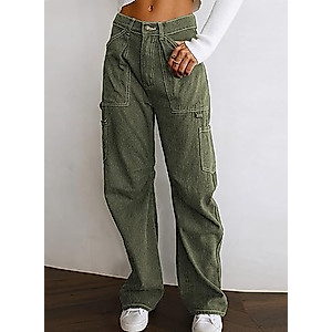 Dokotoo Ladies Corduroy Cargo Pants Wide Leg Baggy High Waisted with Pockets Comfy Casual Long Pants Utility Travel Trouser Plus Size,Green 10