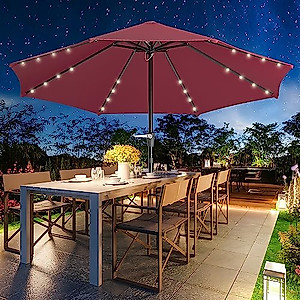 MoNiBloom 9 ft Patio Umbrellas Solar LED Lighted Patio Market Crank Lift Water-proof Umbrella with 8 Ribs and Sturdy Pole for Yard Garden Poolside Patio, Burgundy