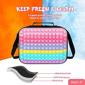 Pop Lunch Box for Girls,Girls Reusable Lunch Box for School,Insulated Cooler Lunch Food Containers with Adjustable Strap,Push Bubble Waterproof Lunch Bag Large Capacity Lunch Boxes Tote Bag for Girls