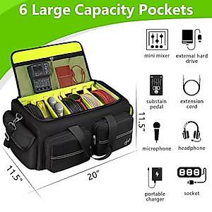 SNIGJAT DJ Bag, Large Capacity DJ Cable Bag with 6 Pockets for Extension Cords, Mics, Pedals, Cable Bag for Musicians, DJ Equipment Gig Bag with Padded Shoulder Strap, Green