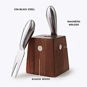 Slice of Goodness Original Cheese Knife Set - 4 Small Stainless Steel Charcuterie Board Utensils with Magnetic Acacia Wood Holder - Modern Cheese Knives