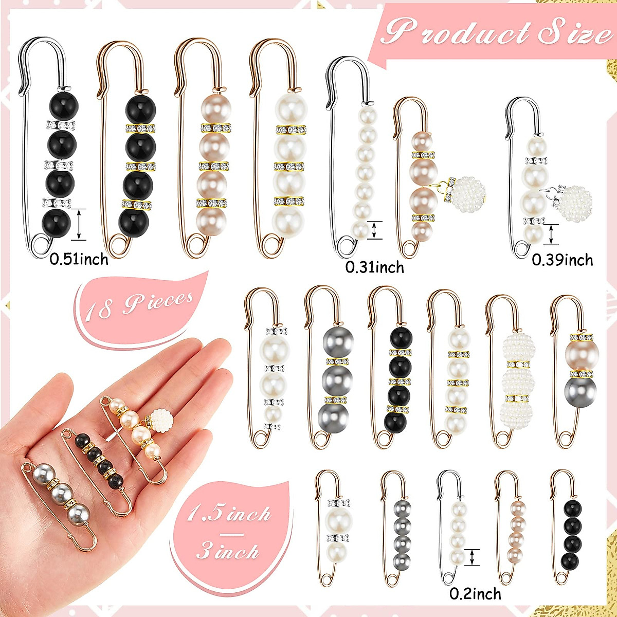 Hicarer 18 Piece Pearl Brooch Pins Women Decorative Safety Pins Clothing Shawl Clips Artificial Pearls Brooch Elegant Pearl Cardigan Collar Brooch Clips for Women Dress Skirt Sweater(Elegant Style)