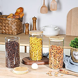 ComSaf Airtight Glass Storage Canister with Wood Lid(40oz), Clear Food Storage Container Jar with Sealing Bamboo Lid for Noodles Flour Cereal Rice Sugar Tea Coffee Beans, Round Set of 3