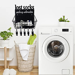 RISICULIS Lost Socks Basket, Laundry Room Decor and Accessories, Rustic Laundry Room Organization, Black Wooden Lost Socks Sign for House Decor, Missing Sock Basket with 5 pcs Clips