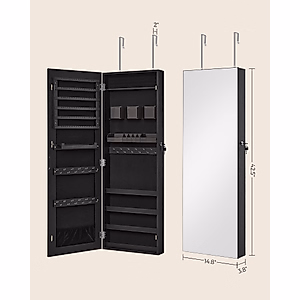 SONGMICS Mirror Jewelry Cabinet Armoire, Wall or Door Mounted Jewelry Storage, Hanging Lockable Frameless with 2 Plastic Cosmetic Organizers, Gift Idea, Black UJJC001B01