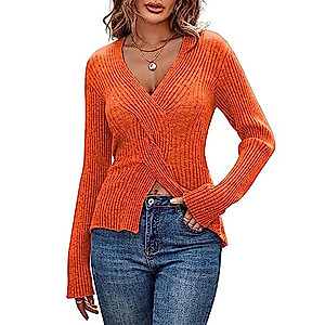 ZAFUL Women's Criss Cross V Neck Sweaters 2024 Fall Front Slit Ribbed Knit Pullover Sweater Jumper Tops Orange