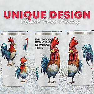 Onebttl Rooster Gifts for Men, Women, Funny Rooster Glitter Coffee Mug Tumbler for Coworker, Friends, I've Pecked You 3 Times, Stainless Steel Tumbler 20oz