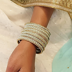 Efulgenz Indian Bangle Set Rhinestone CZ Plain Metal Bracelet Bangle Jewelry for Women (Green 1 (Set of 20 Pcs), 2-4)