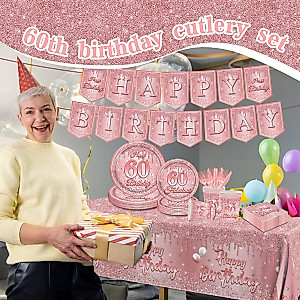60th Birthday Rose Gold Supplies,142pcs Glitter Pink Rose Gold Tableware Include 60th Birthday Plates and Napkins Cups,Rose Gold Tablecloth Happy Birthday Banner for Women Happy 40th Birthday