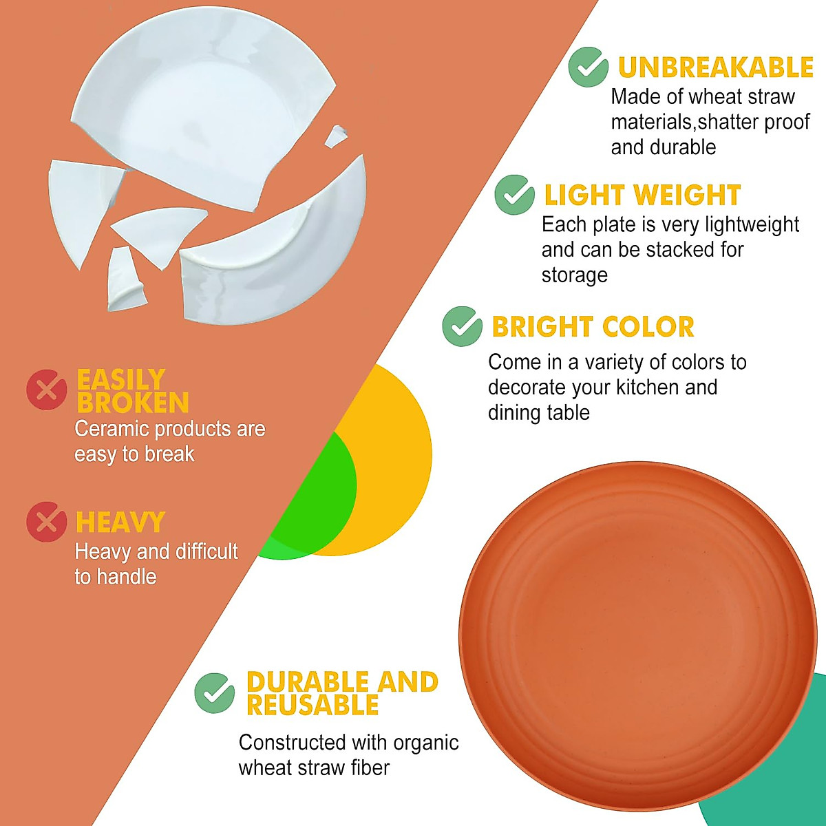 Homienly 10 inch Deep Dinner Plates Set of 8 Alternative for Plastic Plates Microwave and Dishwasher Safe Wheat Straw Plates for Kitchen Unbreakable Kids Plates with 4 Colors (Classic Bright)