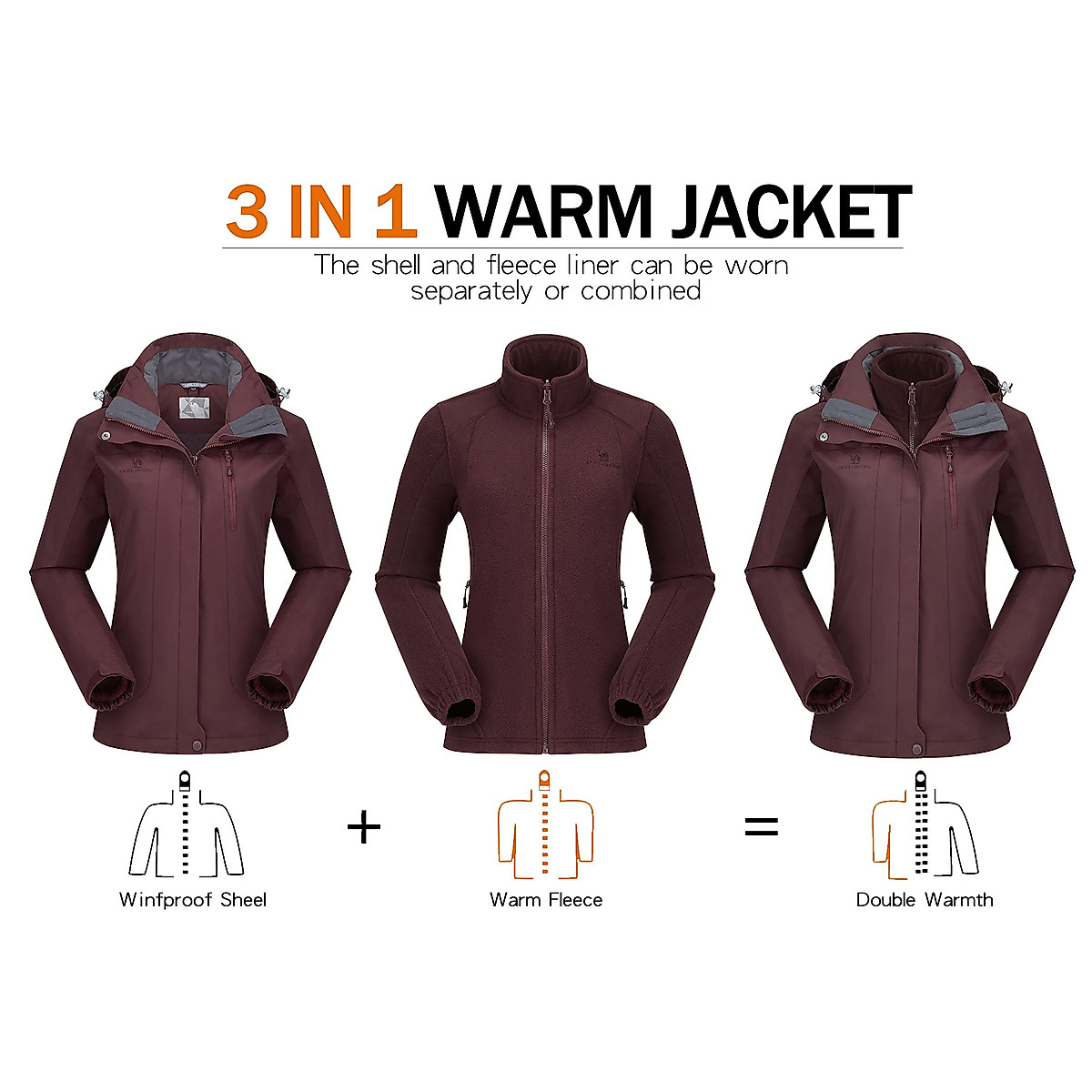 CAMEL CROWN Women's Ski Jacket Waterproof 3 in 1 Winter Jacket Windproof Warm Fleece Hooded Snowboard Mountain Snow Coat