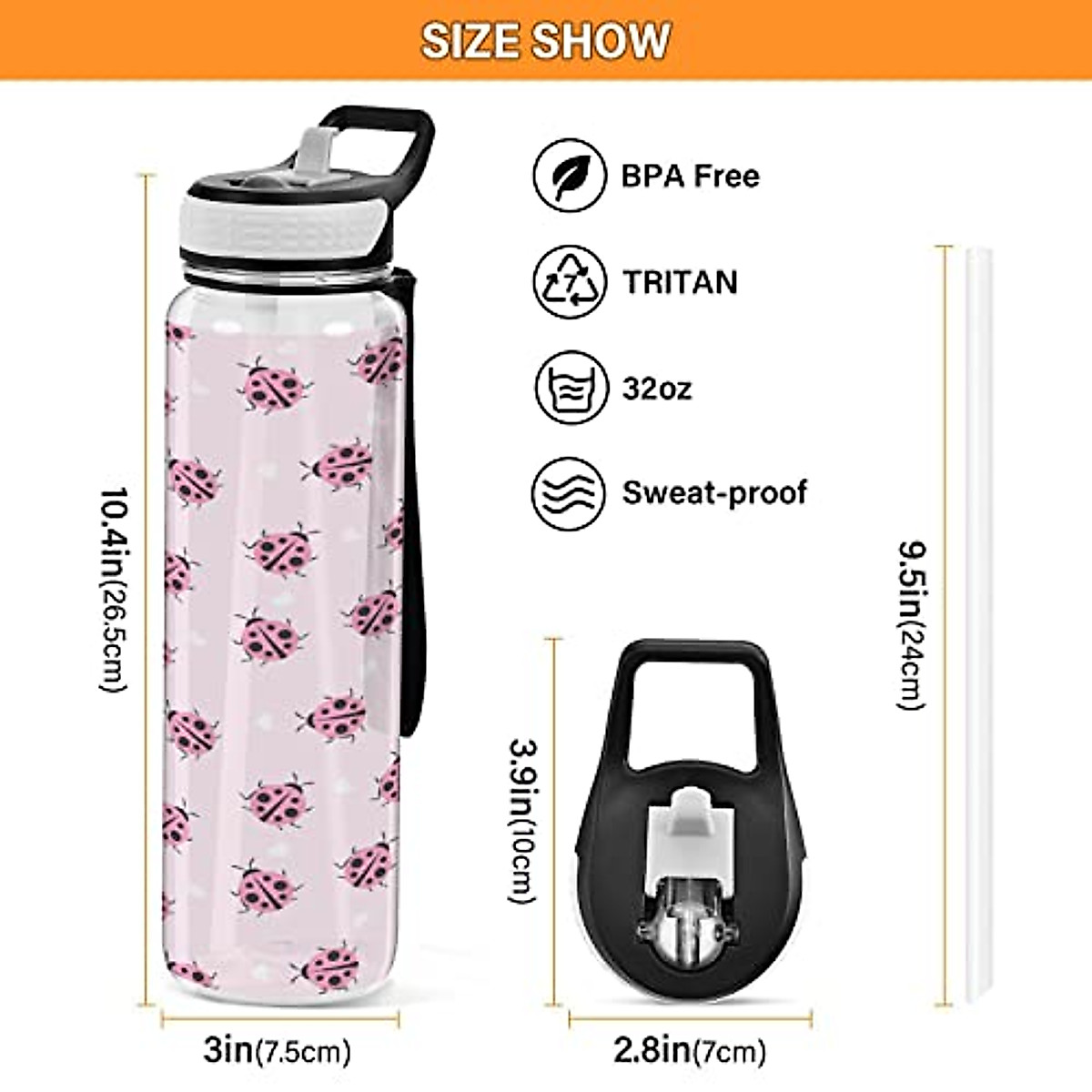Fustylead Cute Ladybug 32 oz Tritan Water Bottle with Straw, Leakproof and BPA-Free Sport Water Bottle for Fitness, Gym & Outdoor