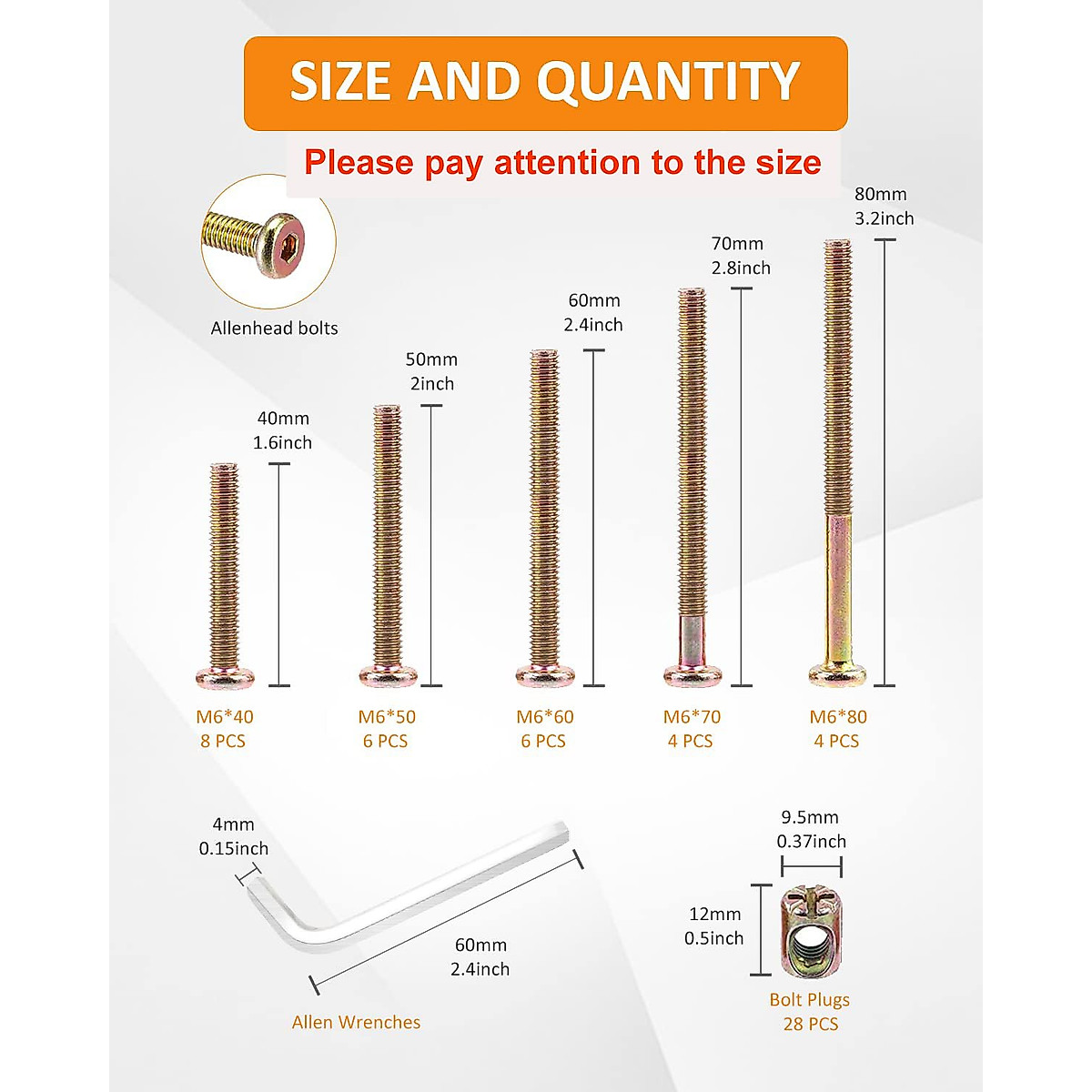 Crib Screws Hardware Replacement Kit - 28 Set Baby Bed Frame Bolts &Barrel Nuts Set,Including M6x40mm/ 50mm/ 60mm/ 70mm/ 80mm Hex Drive Socket Cap Screws Barrel Nuts