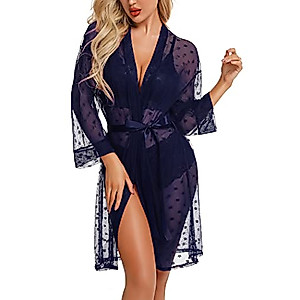 RSLOVE Sexy Lingerie Robe Set for Women 3 Piece Lace Kimono with Bra and Panty Sheer Sleepwear Navy Blue L
