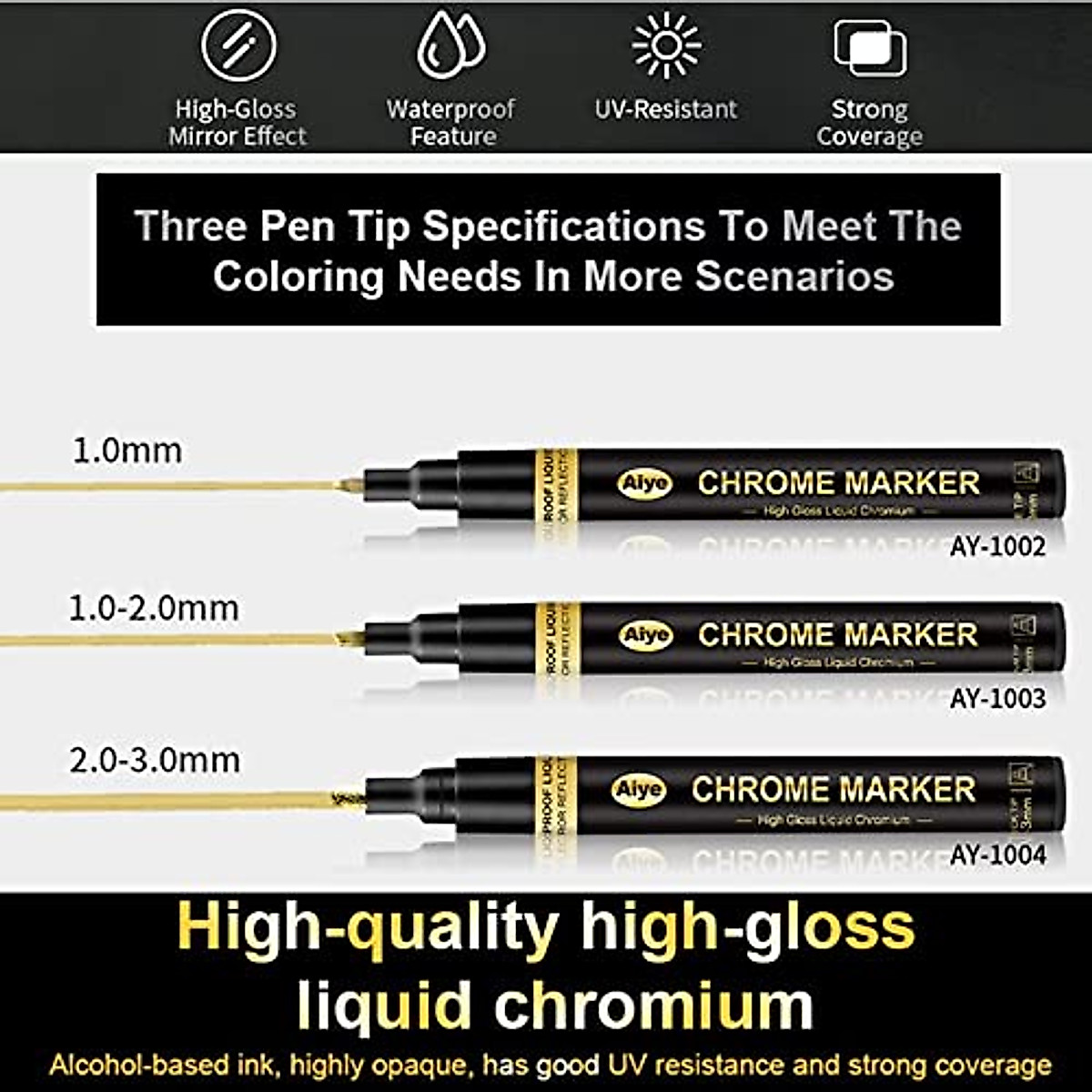 4Pcs Liquid Mirror Chrome Marker Set, DIY Silver & Gold Alcohol Paint Pump Pens(1mm,3mm), Double Pack of Both Fine and Medium Tip Paint Markers for on Any Surface, Get 2 Replaceable Nibs 2mm FREE